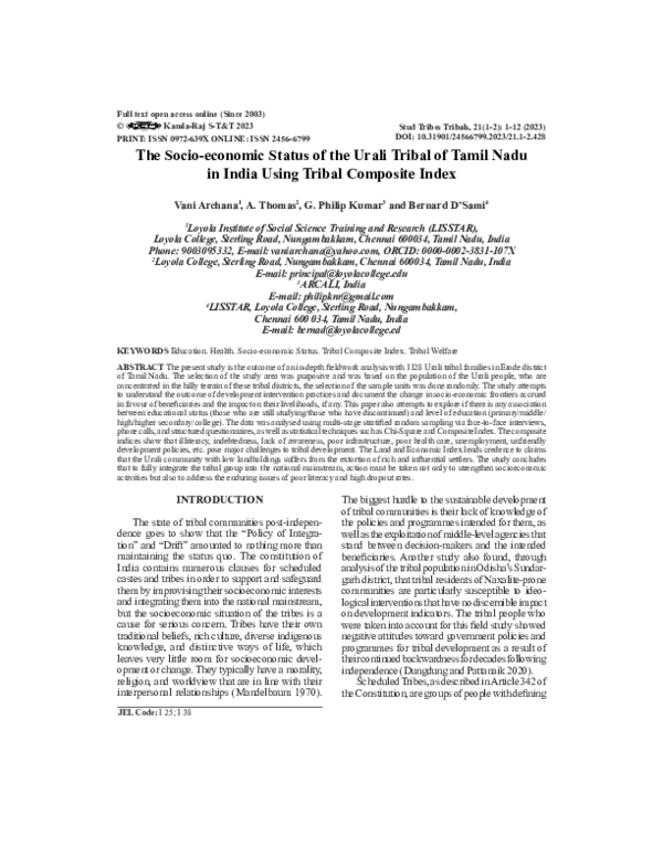 (PDF) Urali Tribal Socio-economic Status in Tamil Nadu