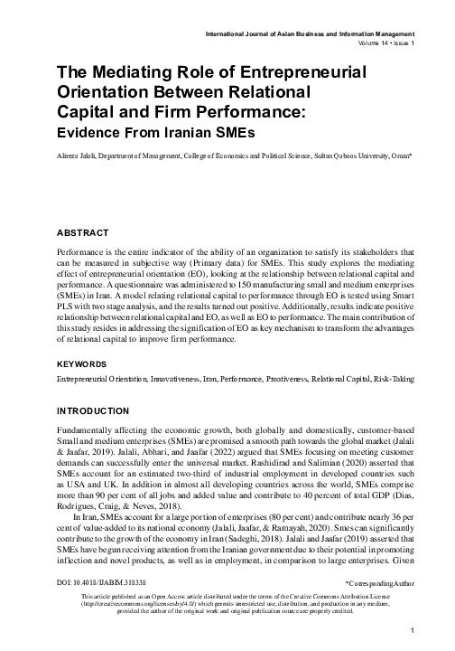 (PDF) The Mediating Role of Entrepreneurial Orientation Between Relational Capital and Firm ...