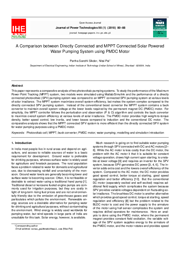 (PDF) A Comparison between Directly Connected and MPPT Connected Solar Powered Water Pumping ...