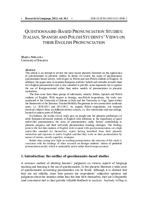 (PDF) Questionnaire-Based Pronunciation Studies: Italian, Spanish and ...