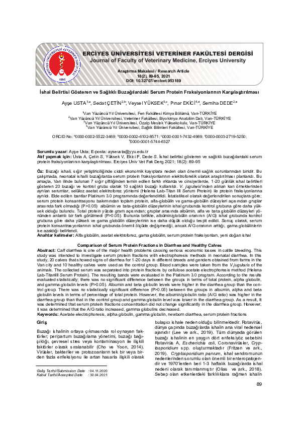 (PDF) İshal Belirtisi Gösteren ve Sağlıklı Buzağılardaki Serum Protein Fraksiyonlarının ...