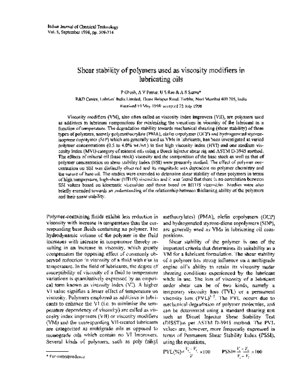 (PDF) Shear stability of polymers used as viscosity modifiers in ...