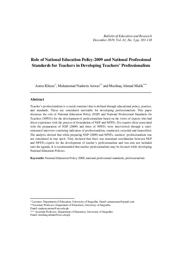 (PDF) Role of National Education Policy-2009 and National Professional ...