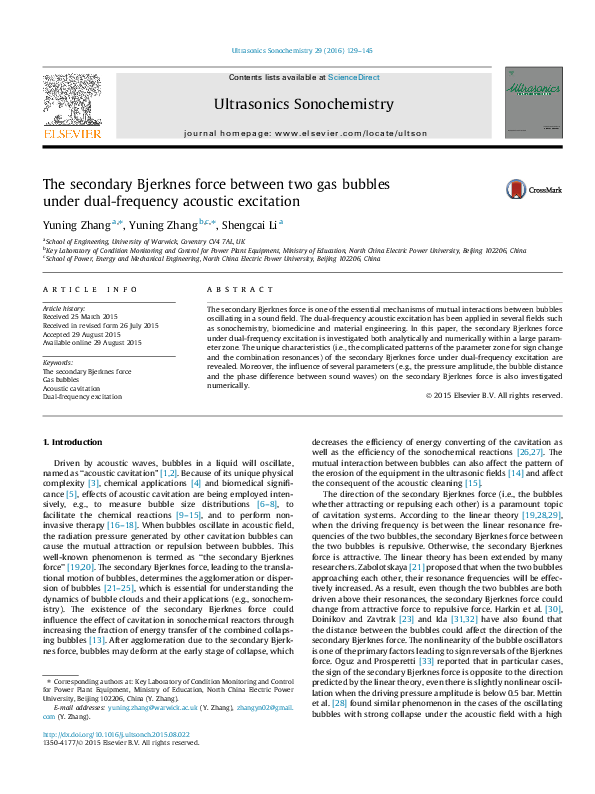 (PDF) The secondary Bjerknes force between two gas bubbles under dual ...