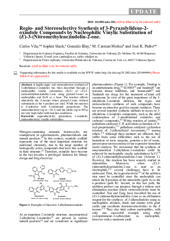 (PDF) Regio‐ and Stereoselective Synthesis of 3‐Pyrazolylidene‐2‐oxindole Compounds by ...