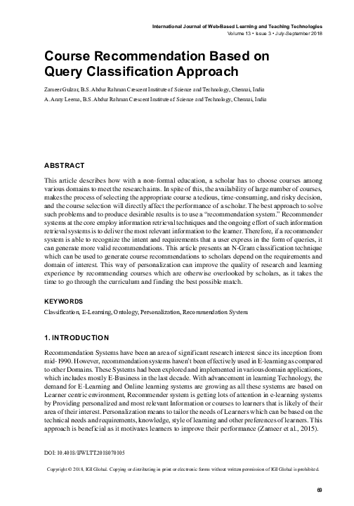 Pdf Course Recommendation Based On Query Classification Approach Anny Leema