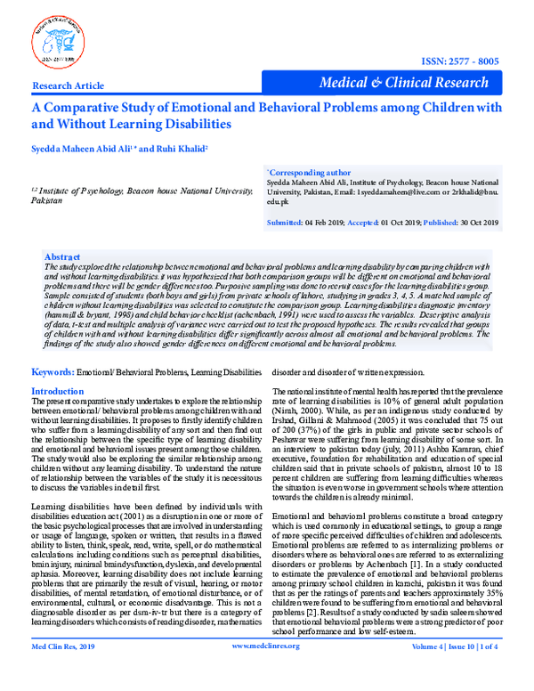 (PDF) A Comparative Study of Emotional and Behavioral Problems among Children with and Without ...