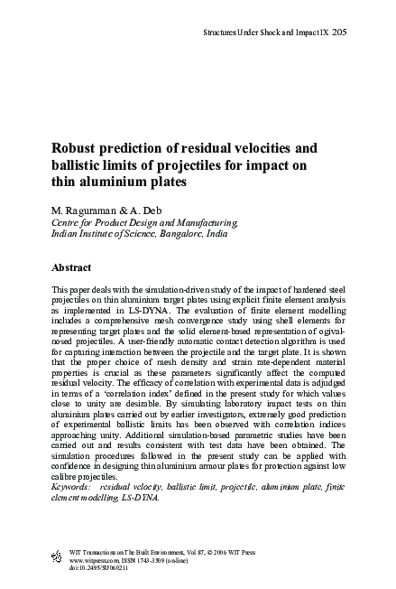 Pdf Robust Prediction Of Residual Velocities And Ballistic Limits Of Projectiles For Impact On