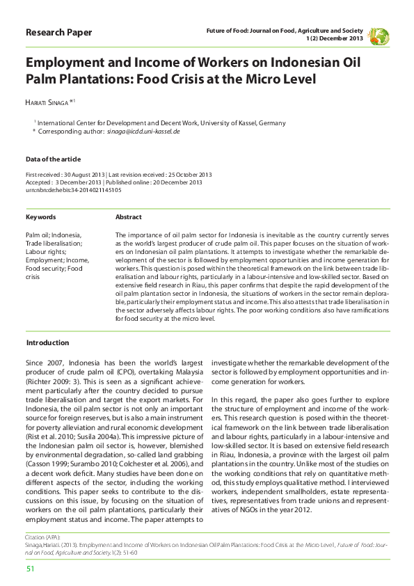 (PDF) Employment and Income of Workers on Indonesian Oil Palm Plantations