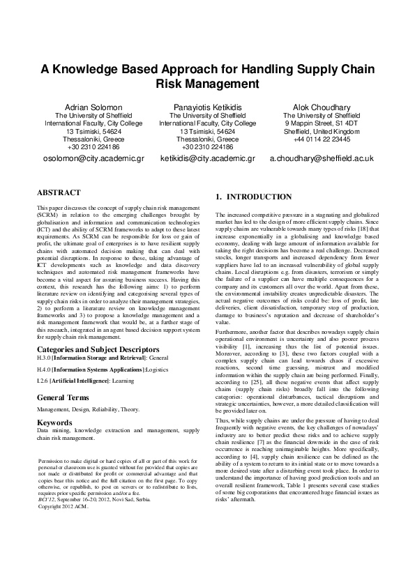 (PDF) A Knowledge Based Approach for Handling Supply Chain Risk Management