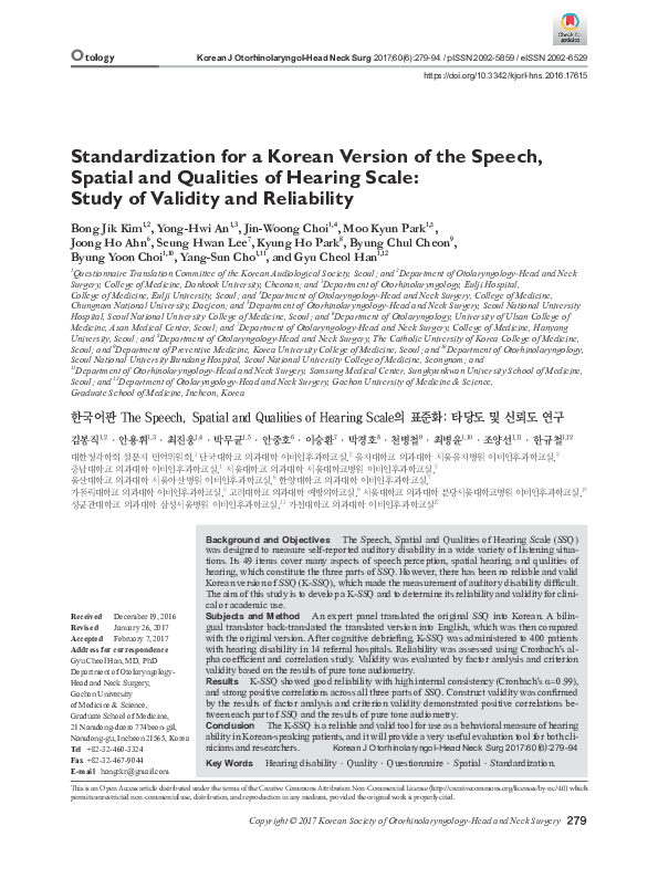 (PDF) Standardization for a Korean Version of the Speech, Spatial and Qualities of Hearing Scale ...
