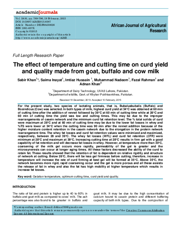 (PDF) The effect of temperature and cutting time on curd yield and ...