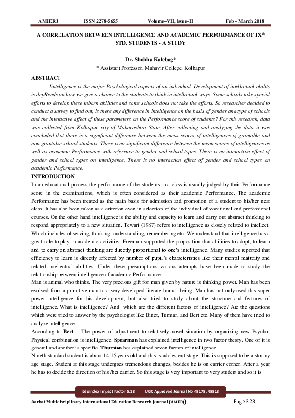 (PDF) A CORRELATION BETWEEN INTELLIGENCE AND ACADEMIC PERFORMANCE OF ...