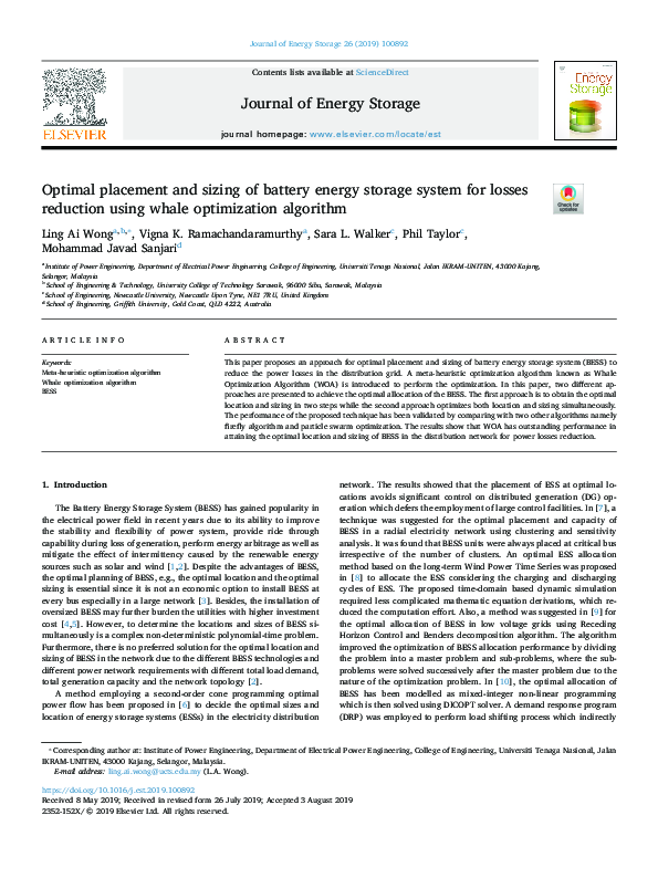 (PDF) Optimal placement and sizing of battery energy storage system for losses reduction using ...