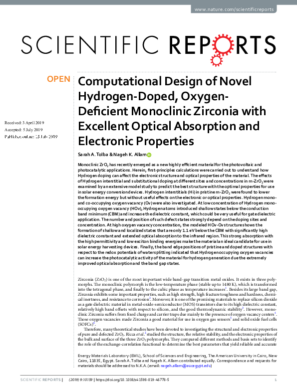(PDF) Computational Design of Novel Hydrogen-Doped, Oxygen-Deficient Monoclinic Zirconia with ...
