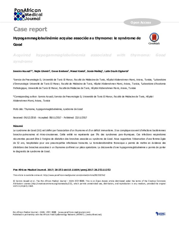 (PDF) Hypogammaglobulinémie acquise associée au thymome: le syndrome de ...