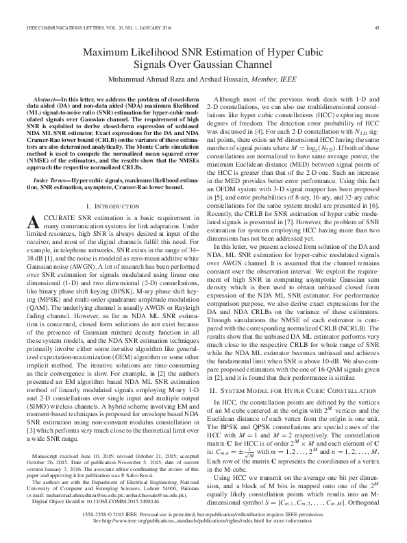 (PDF) Maximum Likelihood SNR Estimation of Hyper Cubic Signals Over ...