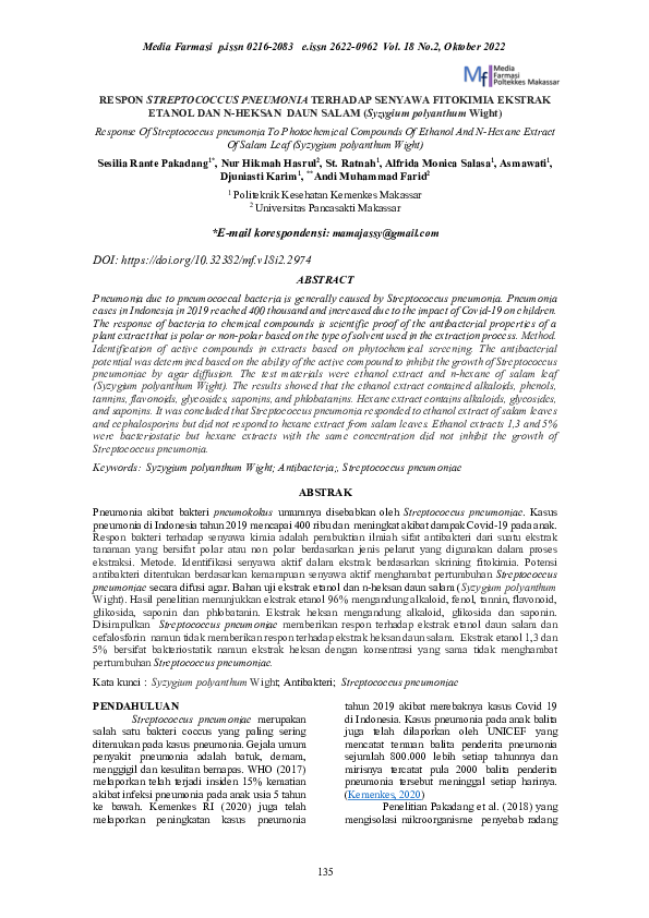 (PDF) Respon Streptococcus pneumonia Terhadap Senyawa Fitokimia Ekstrak ...