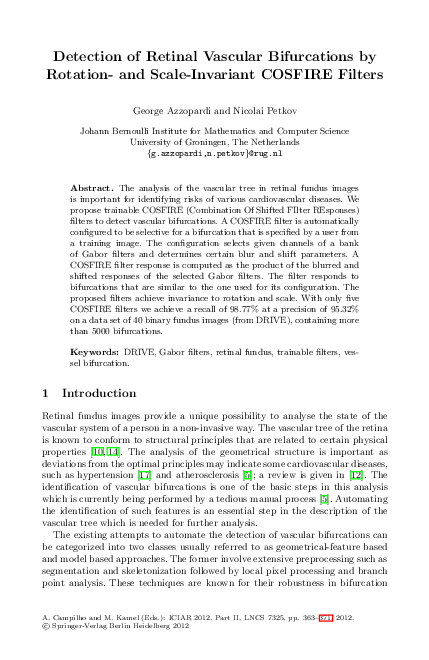 Pdf Detection Of Retinal Vascular Bifurcations By Rotation And Scale Invariant Cosfire Filters
