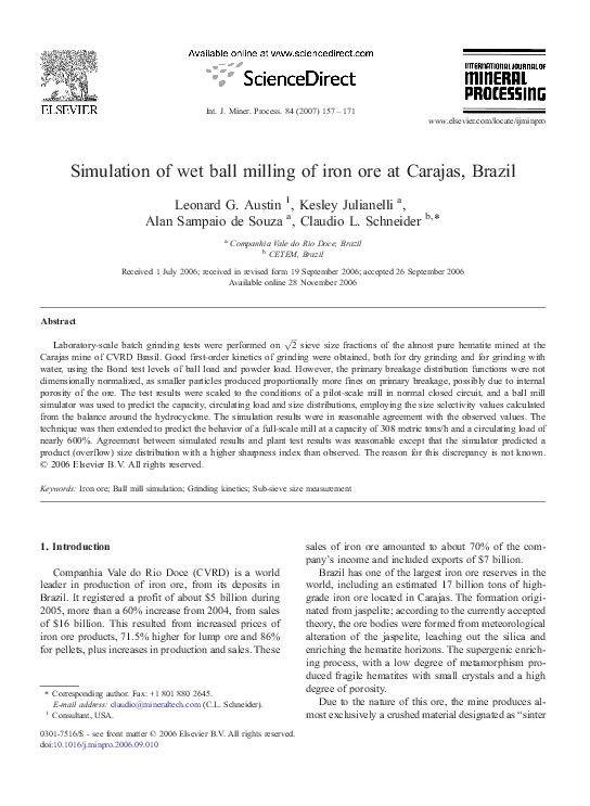 (PDF) Simulation of wet ball milling of iron ore at Carajas, Brazil ...
