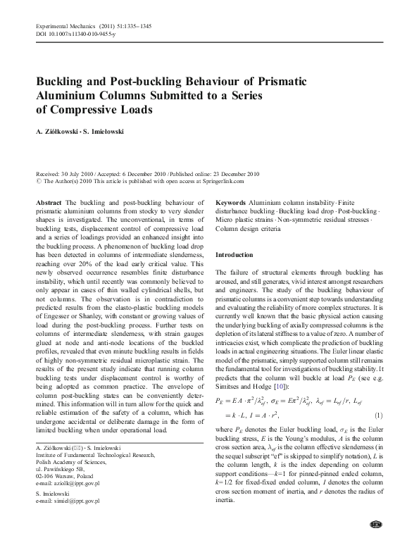 (PDF) Buckling and Post-buckling Behaviour of Prismatic Aluminium Columns Submitted to a Series ...
