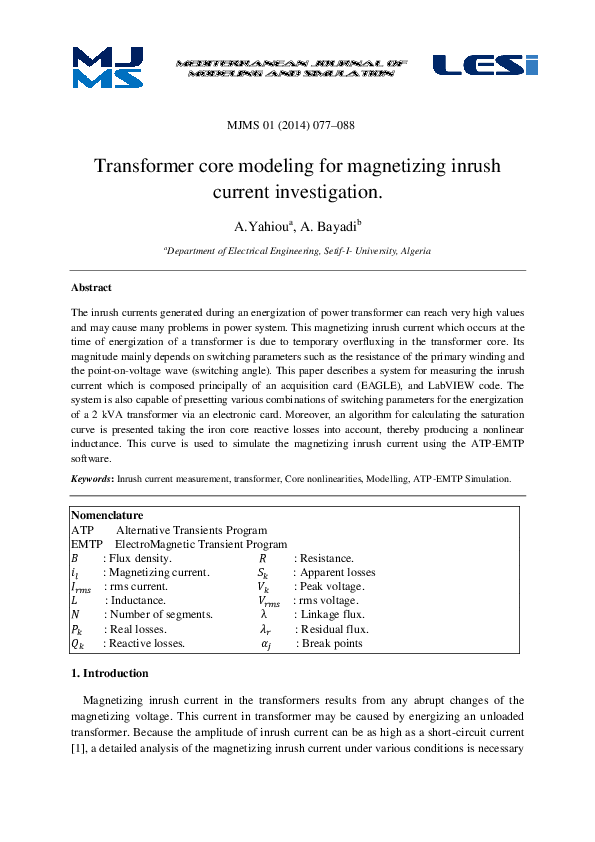 (PDF) Transformer core modeling for magnetizing inrush current investigation