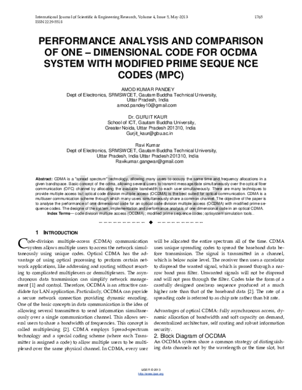 (PDF) Performance Analysis and Comparison of One – Dimensional Code for Ocdma System with ...