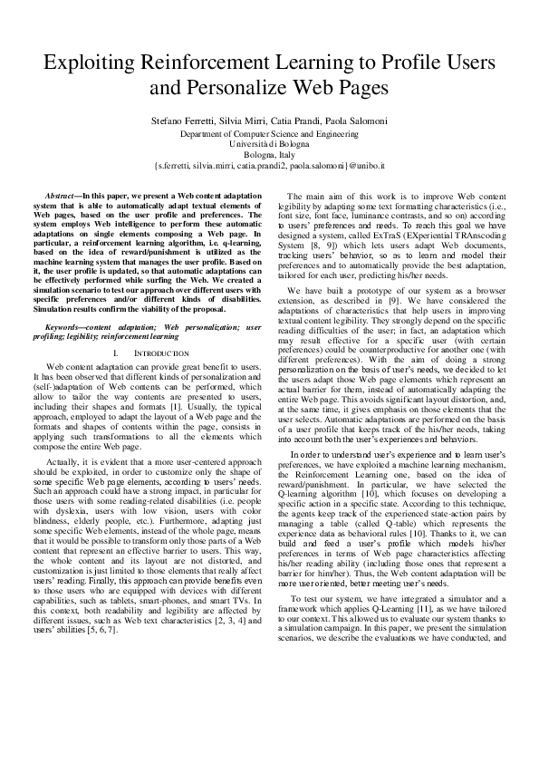 (PDF) Exploiting Reinforcement Learning to Profile Users and Personalize Web Pages