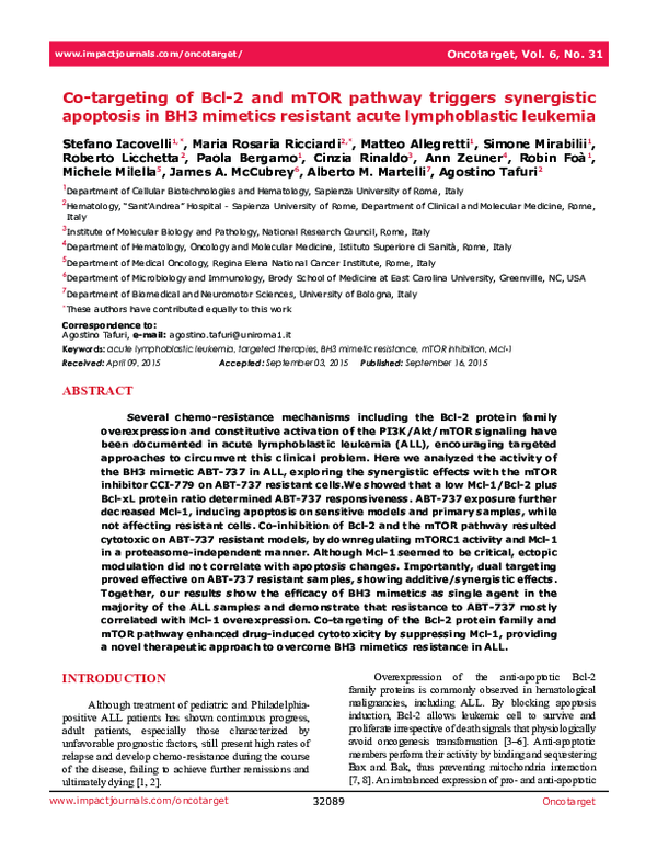 (PDF) Co-targeting of Bcl-2 and mTOR pathway triggers synergistic ...
