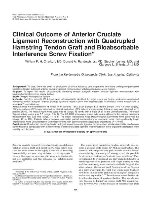 (PDF) Clinical outcome of anterior cruciate ligament reconstruction ...