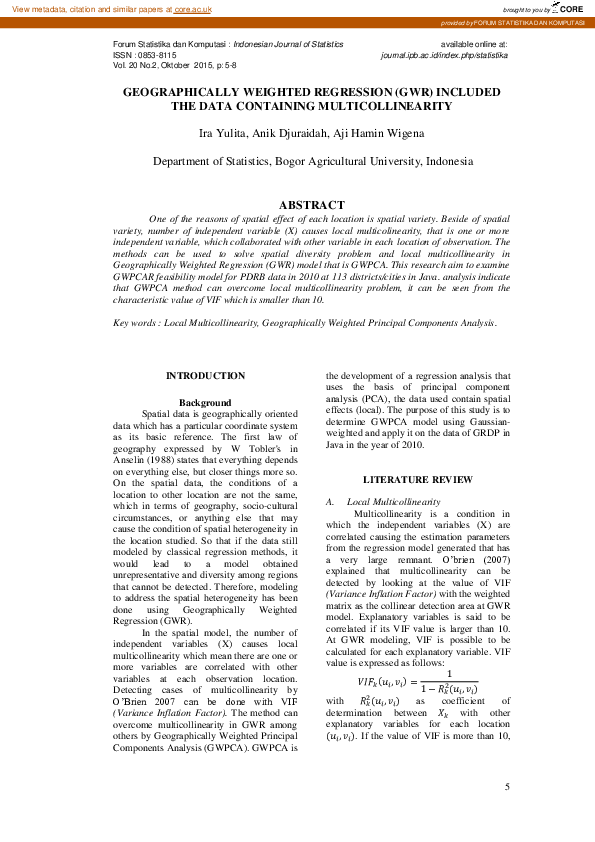 (PDF) Geographically Weighted Regression (GWR) Included the Data Containing Multicollinearity