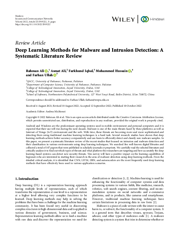 Pdf Deep Learning Methods For Malware And Intrusion Detection A