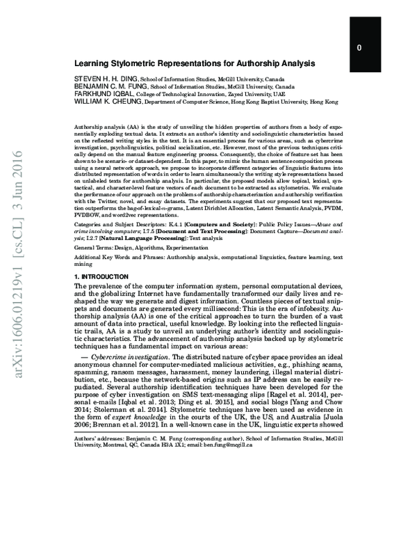 Pdf Neural Approach To Authorship Analysis Via Stylometric Representation
