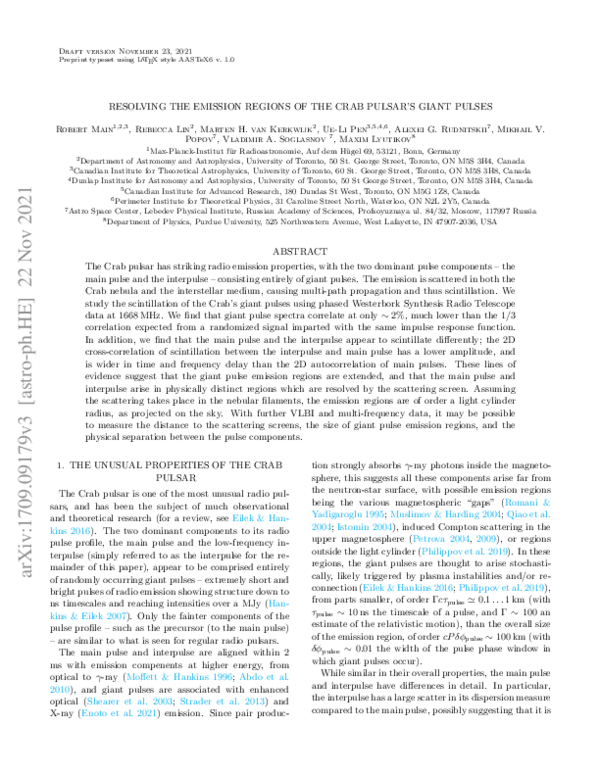 (PDF) Resolving the Emission Regions of the Crab Pulsar’s Giant Pulses