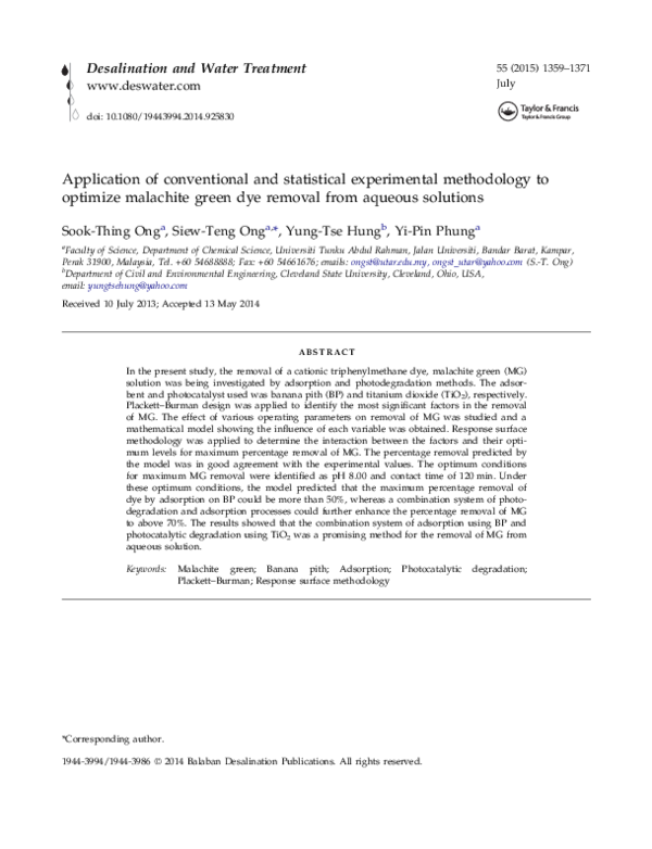 (PDF) Application of conventional and statistical experimental methodology to optimize malachite ...