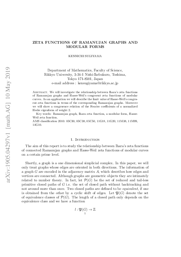 (PDF) Zeta Functions of Ramanujan Graphs and Modular Forms