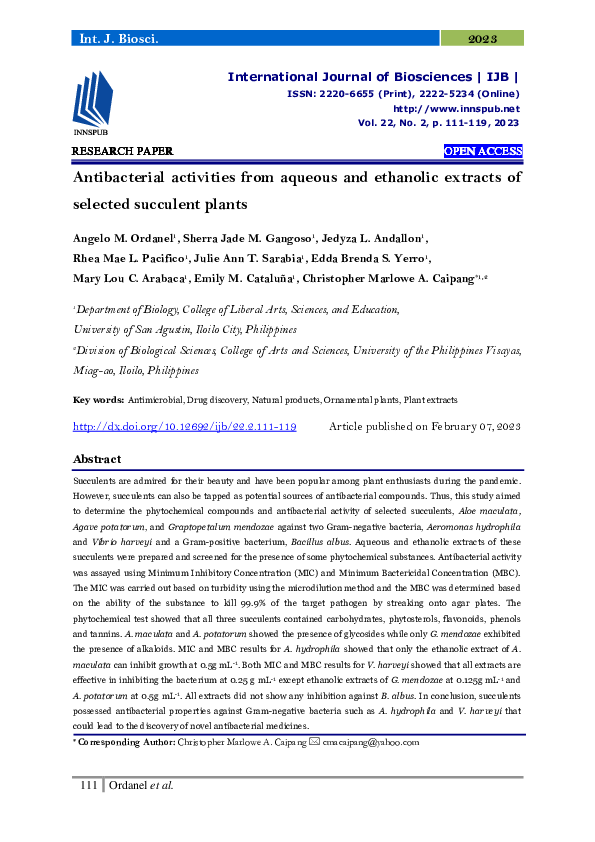 (PDF) Antibacterial activities from aqueous and ethanolic extracts of selected succulent plants