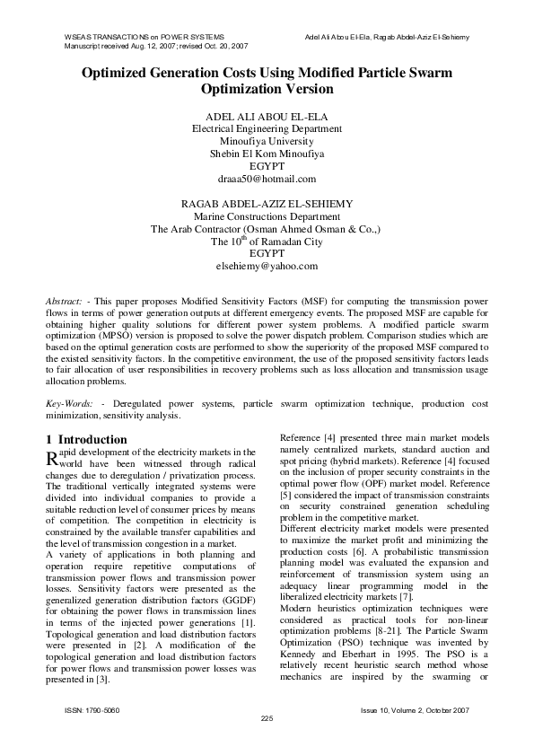 (PDF) Optimized generation costs using a modified particle swarm optimization version
