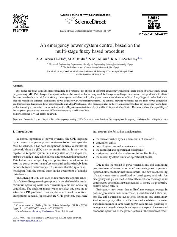 Pdf An Emergency Power System Control Based On The Multi Stage Fuzzy Based Procedure