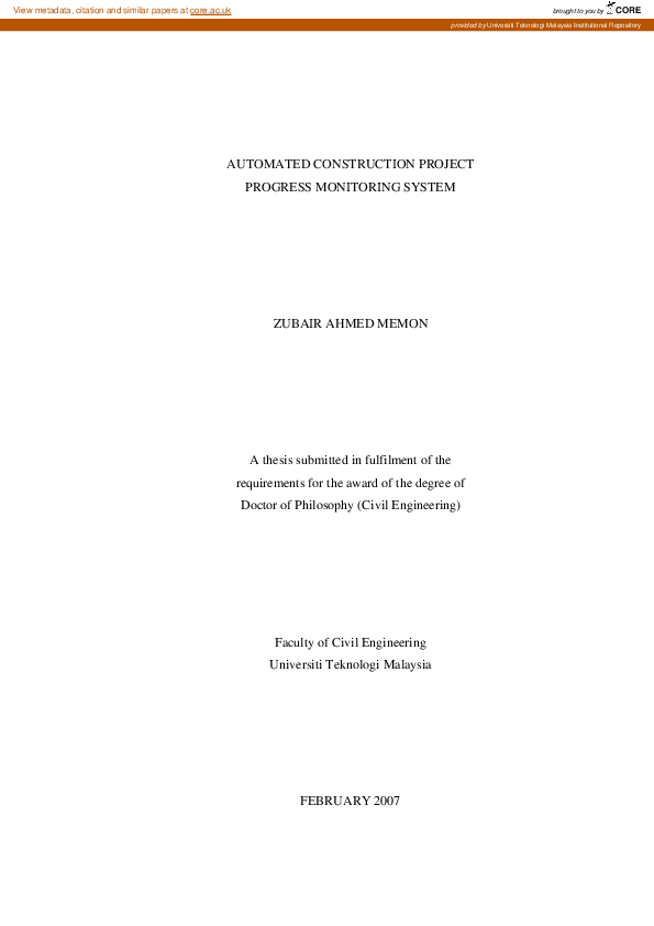 (PDF) Automated construction project progress monitoring system | Dr ...