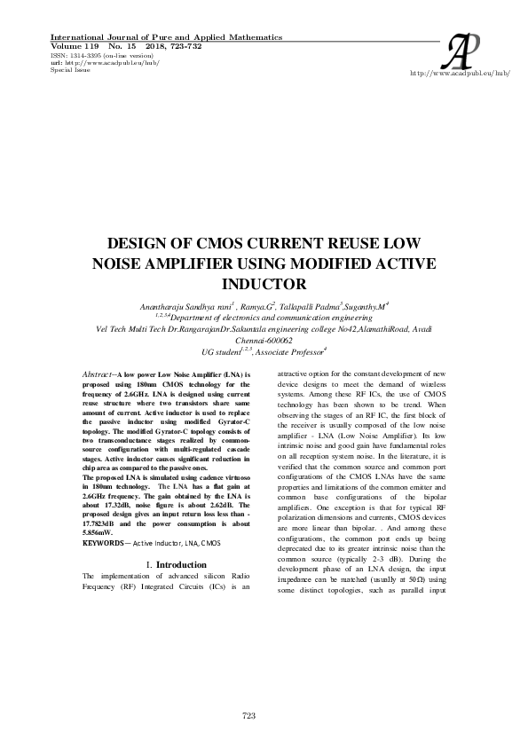 (PDF) Design of Cmos Current Reuse Low Noise Amplifier Using Modified Active Inductor