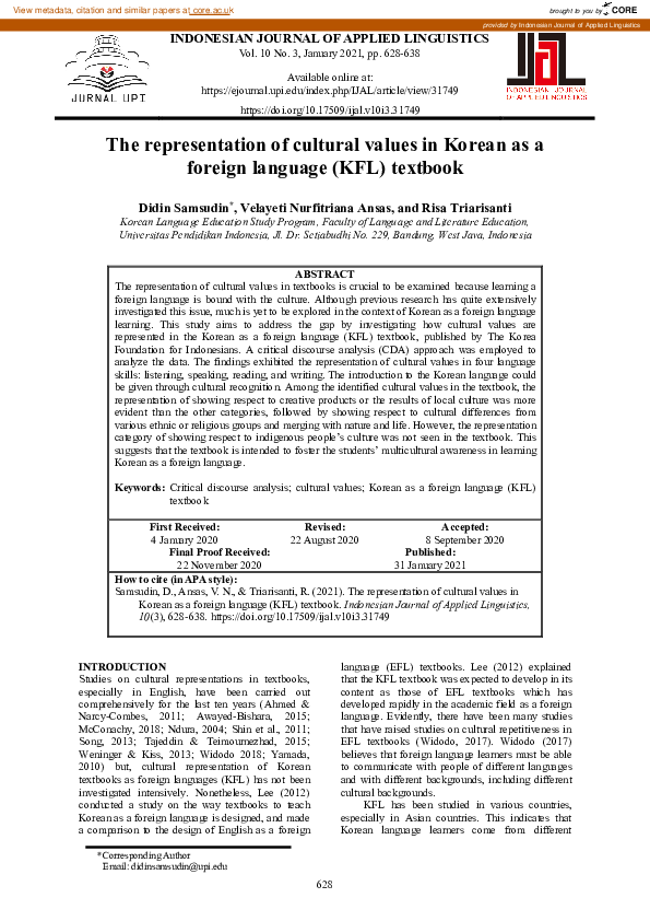 (PDF) The representation of cultural values in Korean as a foreign ...