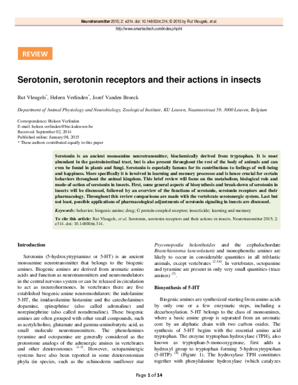 (PDF) Serotonin, serotonin receptors and their actions in insects