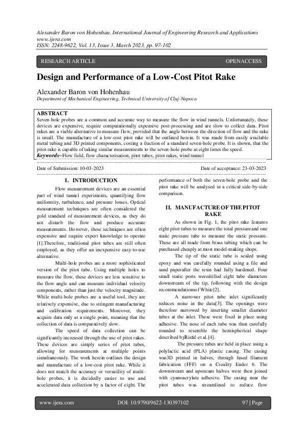 (PDF) Design and Performance of a Low-Cost Pitot Rake