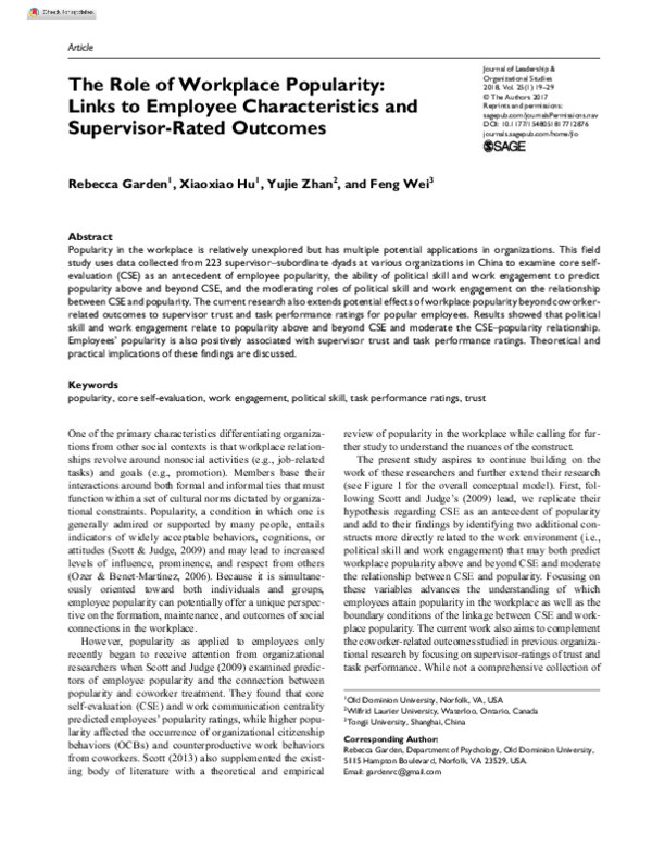 (PDF) The Role of Workplace Popularity: Links to Employee ...