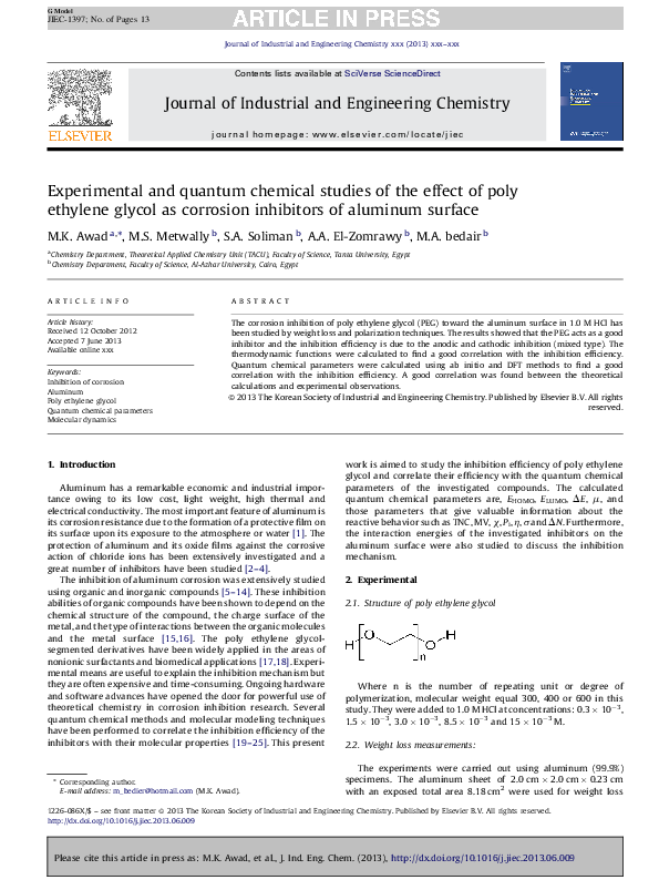 (PDF) Experimental and quantum chemical studies of the effect of poly ethylene glycol as ...