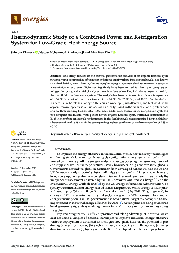 (PDF) Thermodynamic Study of a Combined Power and Refrigeration System ...