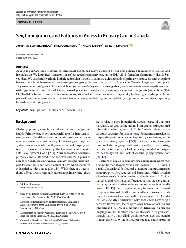 Pdf Sex Immigration And Patterns Of Access To Primary Care In Canada 4206