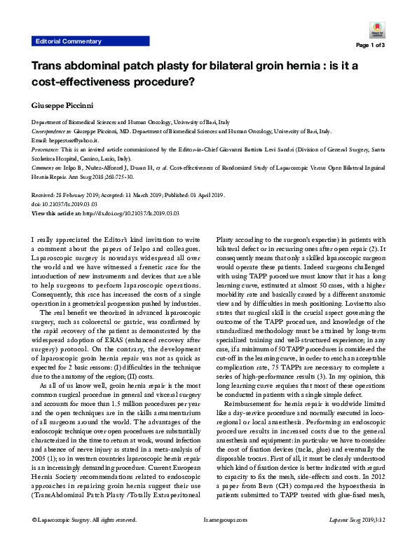 (PDF) Trans abdominal patch plasty for bilateral groin hernia : is it a ...