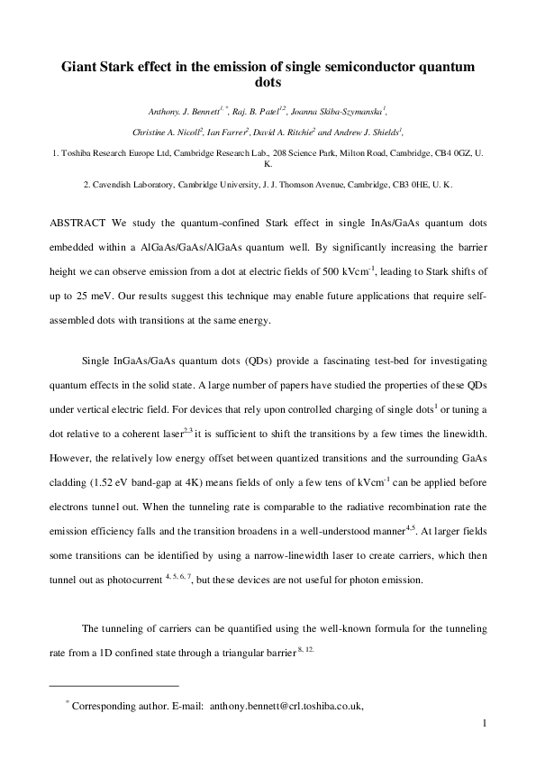(PDF) Giant Stark effect in the emission of single semiconductor quantum dots